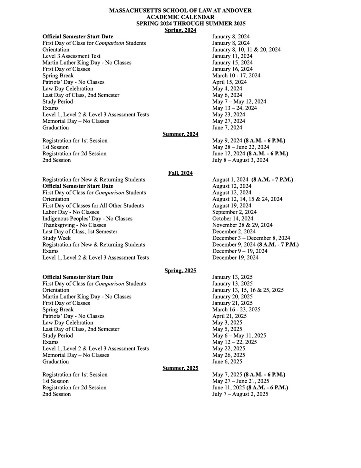 Academic Calendar - Massachusetts School of Law